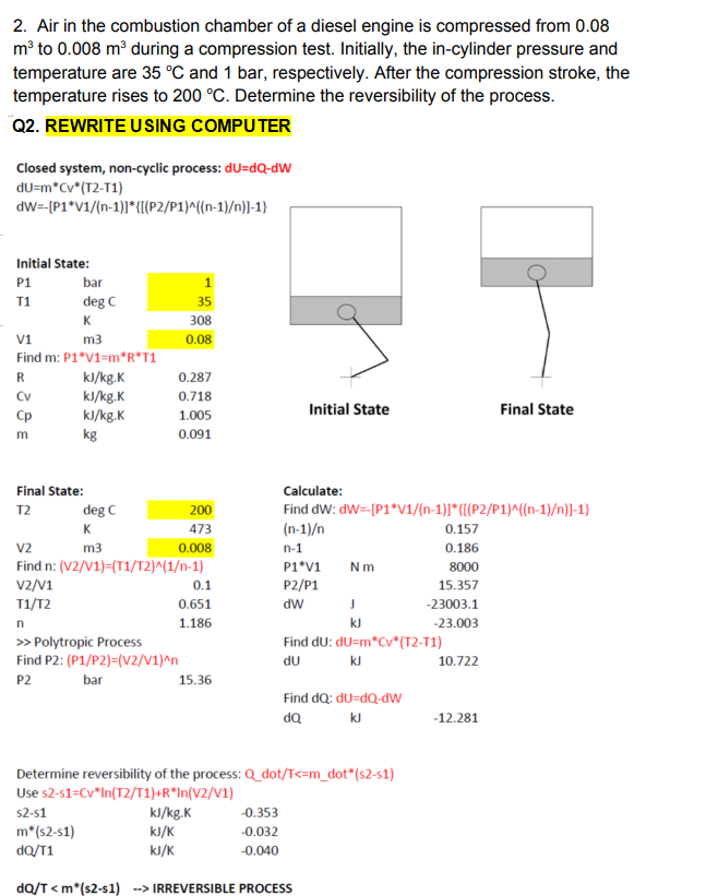Solved 2. Air in the combustion chamber of a diesel engine | Chegg.com