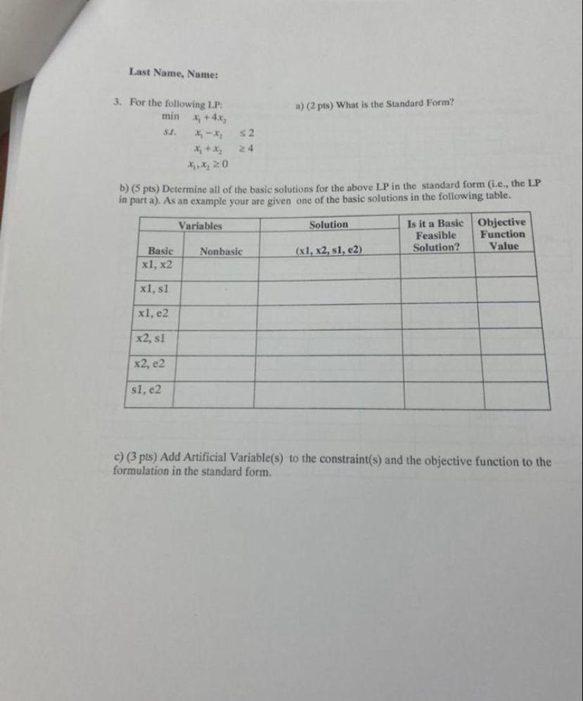 Solved Last Name, Name: 3. For the following LP: a) (2 pts) | Chegg.com