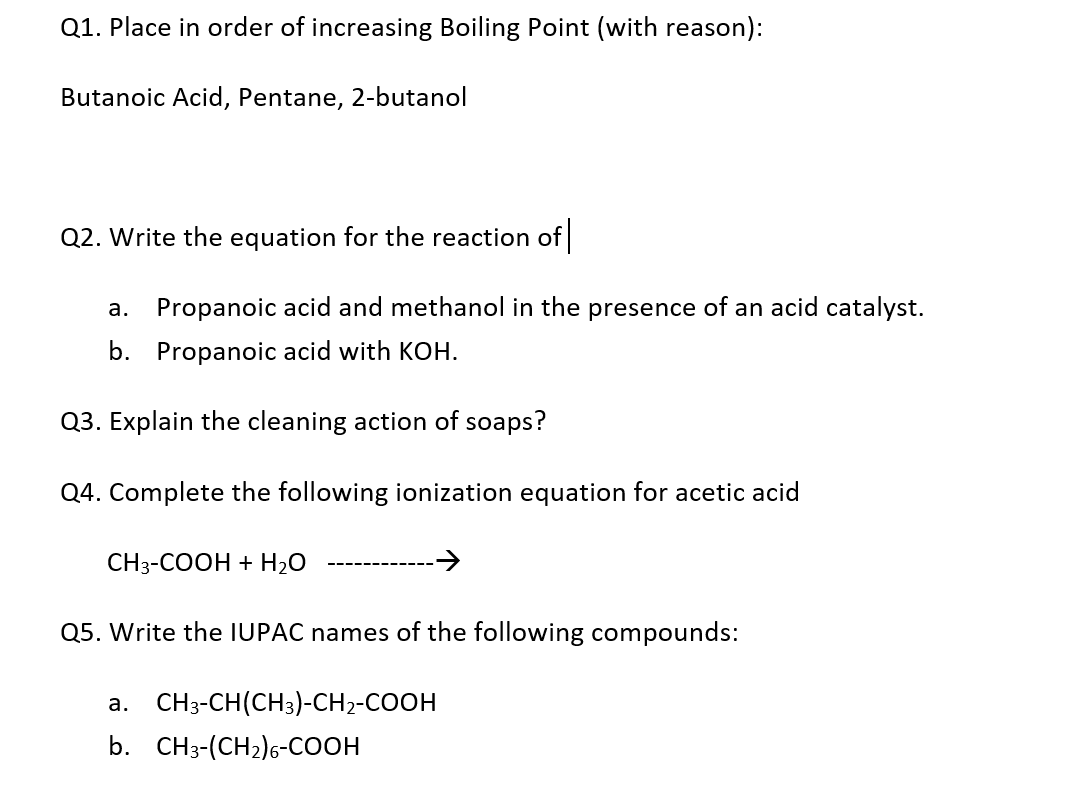 Solved Q1. Place in order of increasing Boiling Point (with | Chegg.com