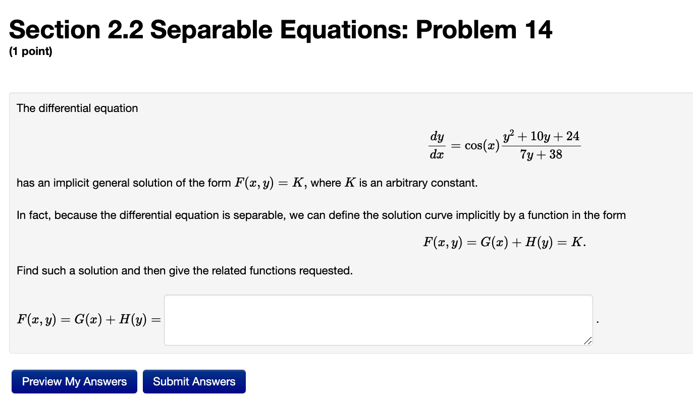 Solved Section 2 2 Separable Equations Problem 14 1 Point
