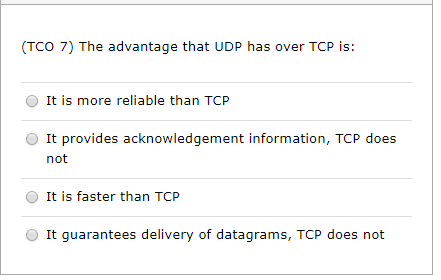 Solved (TCO 7) The advantage that UDP has over TCP is: It is | Chegg.com