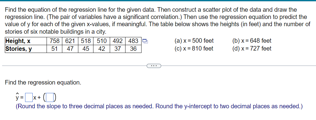 Solved Find the equation of the regression line for the | Chegg.com