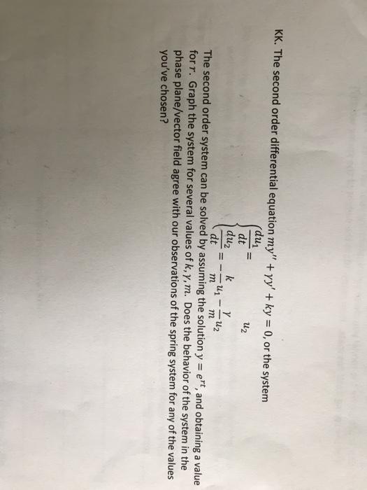 Solved KK. The second order differential equation my" + ry' | Chegg.com
