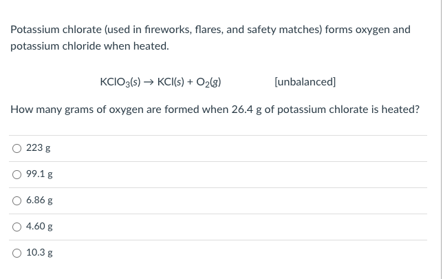 Solved Potassium chlorate (used in fireworks, flares, and | Chegg.com