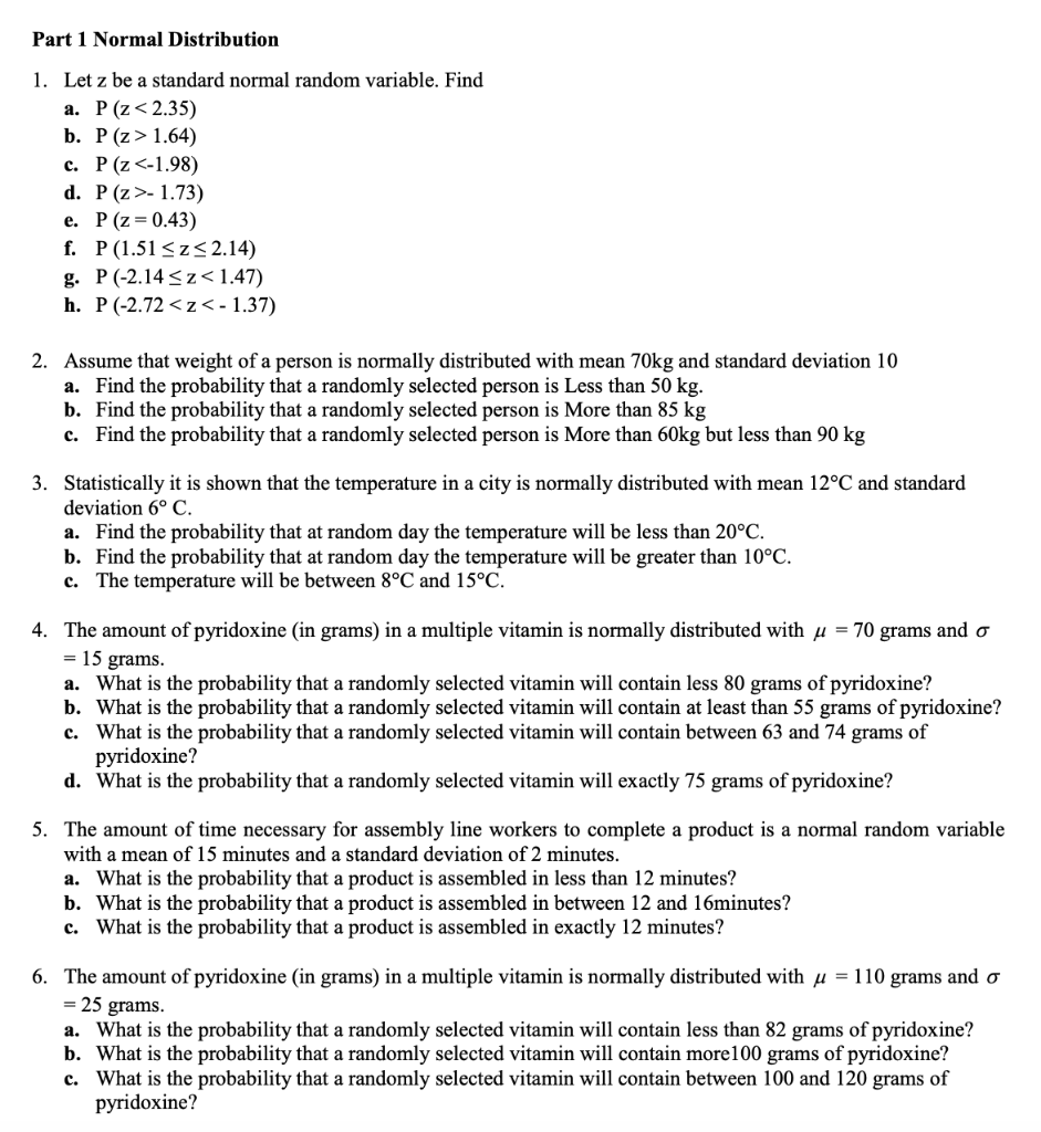 Solved Part 1 Normal Distribution 1. Let z be a standard | Chegg.com
