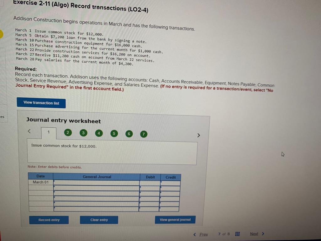 Solved Exercise 2-11 (Algo) Record transactions (LO2-4) | Chegg.com
