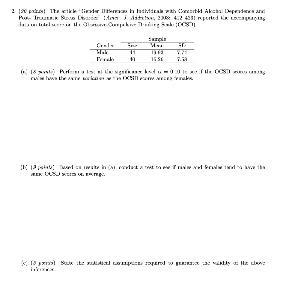 Solved (20 points) The article "Gender Differences in | Chegg.com