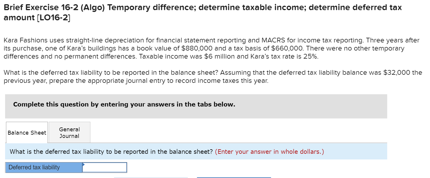 Solved Brief Exercise 16-2 (Algo) Temporary difference; | Chegg.com