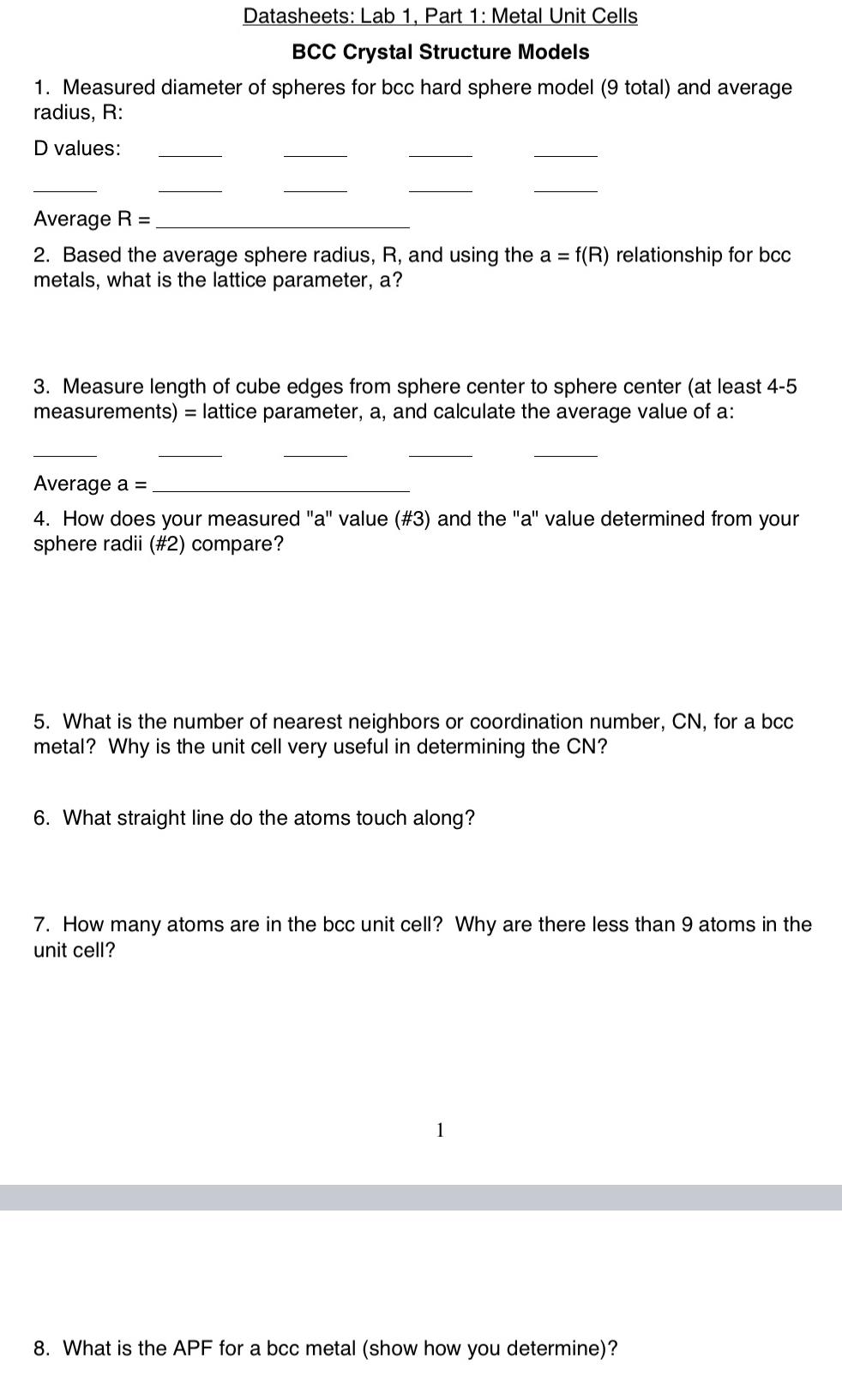 Solved Datasheets: Lab 1, Part 1: Metal Unit Cells BCC | Chegg.com