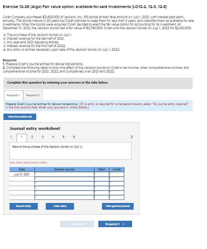 Solved Exercise 12-26 (Algo) Fair value option; | Chegg.com