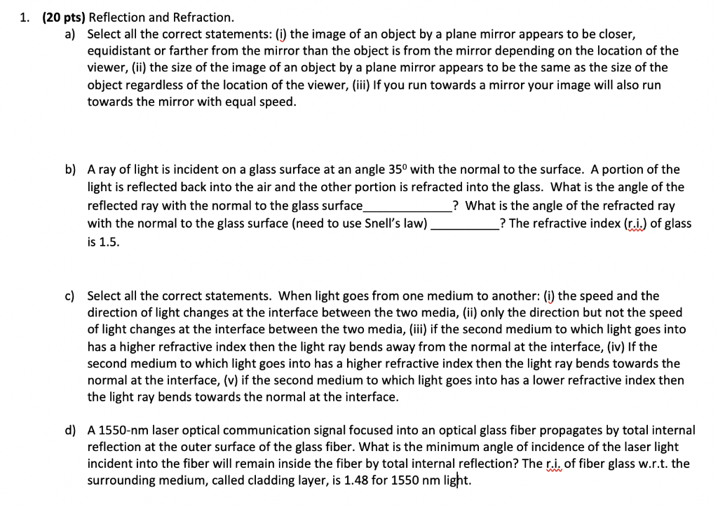 Solved 1. (20 pts) Reflection and Refraction. a) Select all | Chegg.com