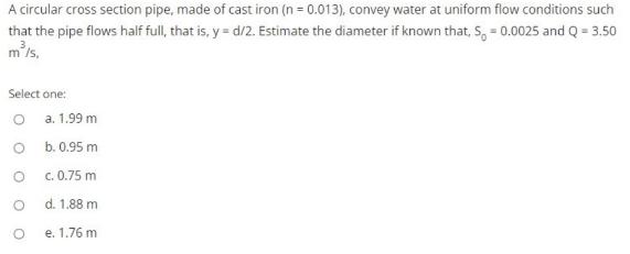 Solved A circular cross section pipe, made of cast iron (n = | Chegg.com