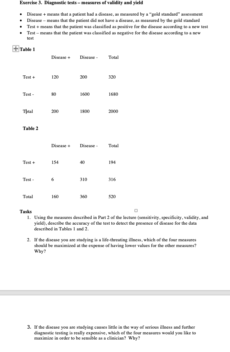 Exercise 3. Diagnostic tests - measures of validity | Chegg.com