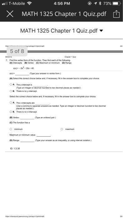 Solved T-Mobile 4:56 PM MATH 1325 Chapter 1 Quiz.pdf MATH | Chegg.com