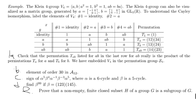 Solved Example. The Klein 4-group V4 = {a,b|a? = 1, 62 = 1, | Chegg.com
