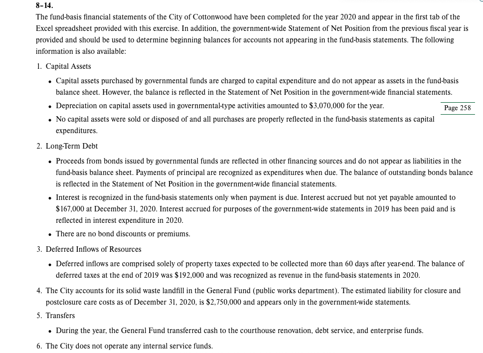 Solved 8-14. The fund-basis financial statements of the City | Chegg.com