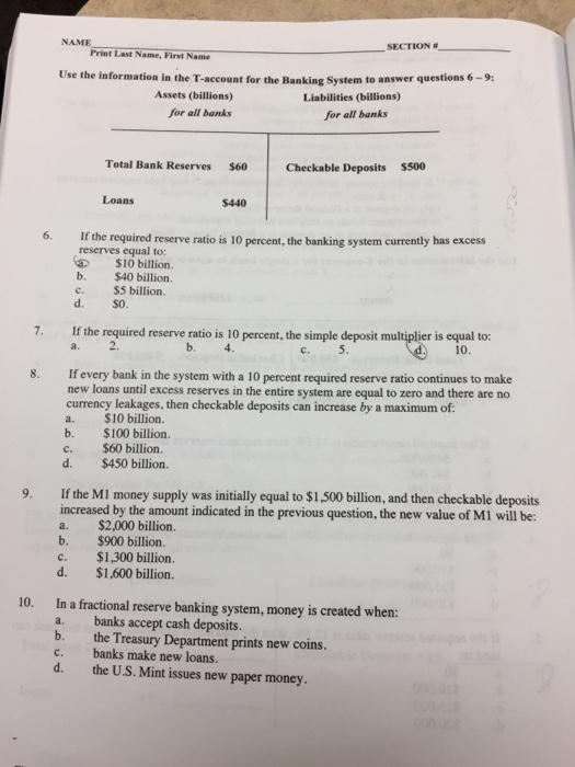 Solved NAME SECTION Print Last Name, First Name Use the | Chegg.com