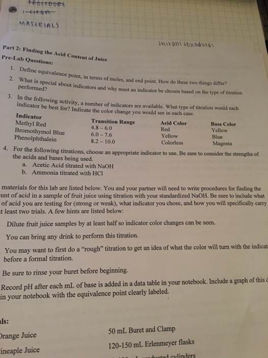 Solved Part 2: Finding the Acid Content of Juice Pre-Lab | Chegg.com