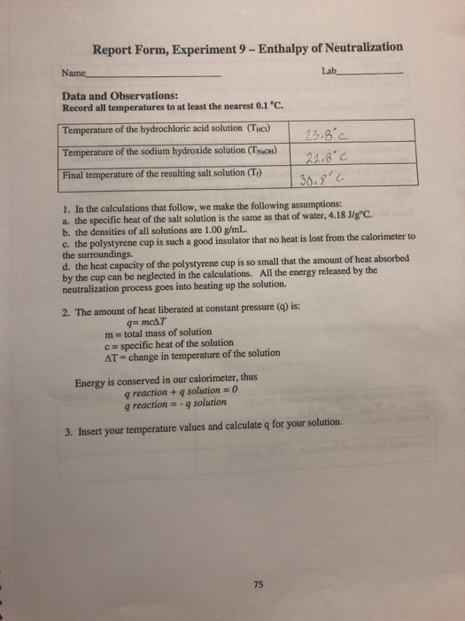 Report Form, Experiment 9 - Enthalpy of | Chegg.com