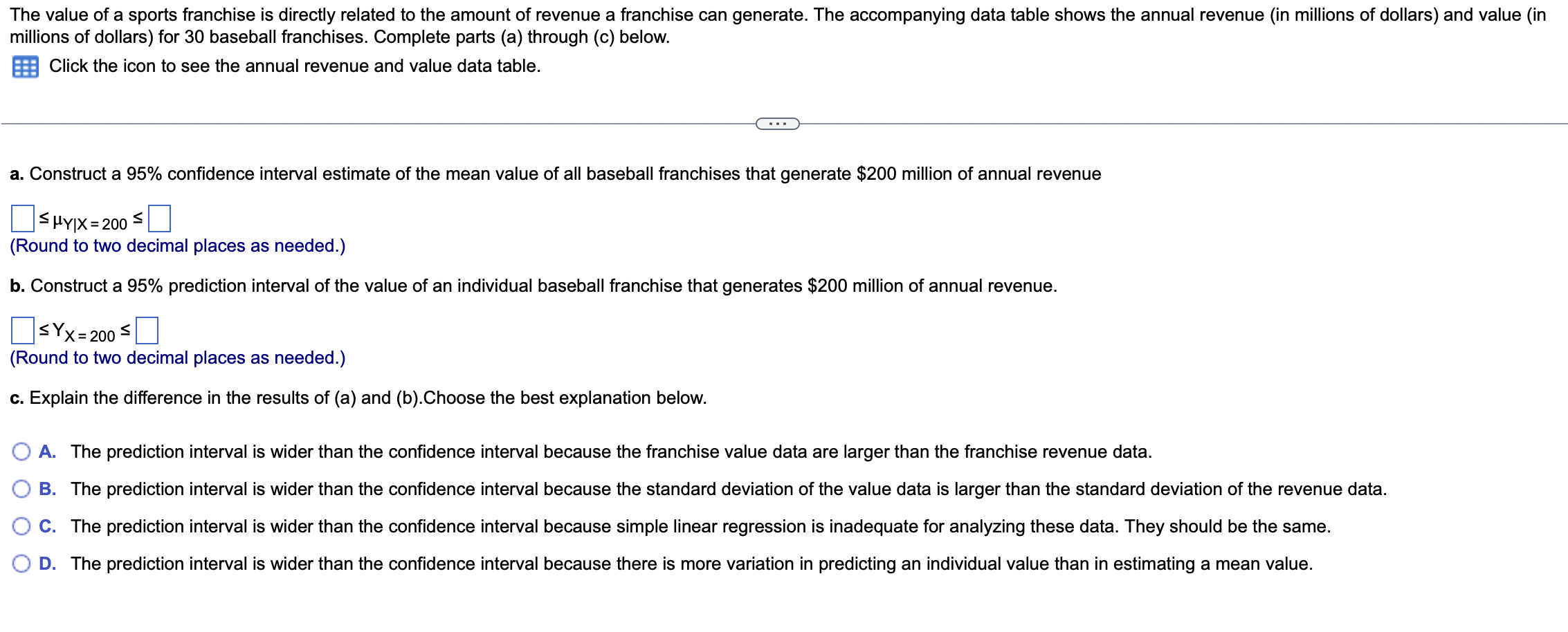 Solved The value of a sports franchise is directly related | Chegg.com