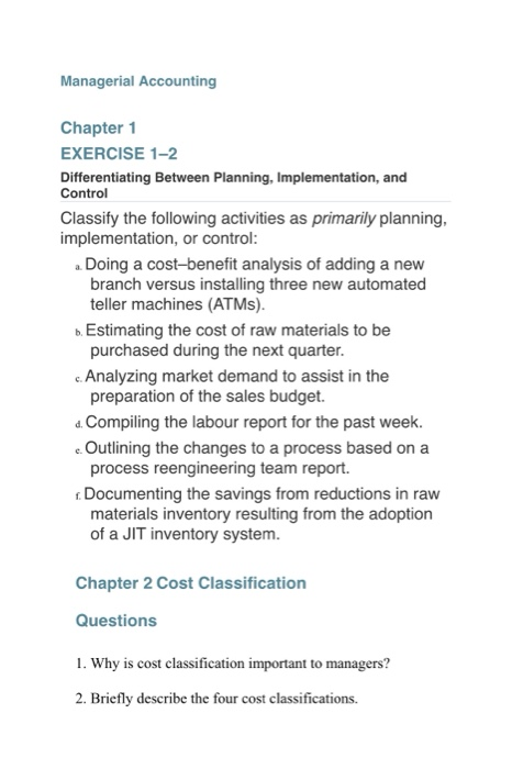 Solved Managerial Accounting Chapter 1 EXERCISE 1-2 | Chegg.com