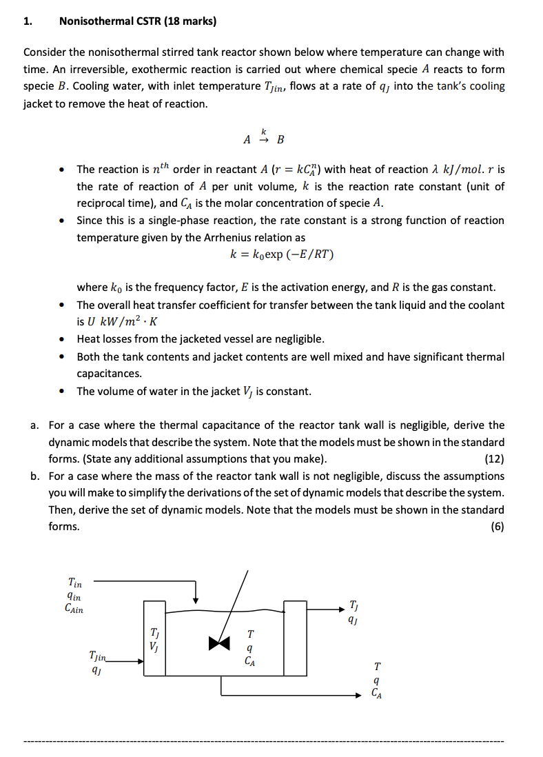 Solved Consider the nonisothermal stirred tank reactor shown | Chegg.com