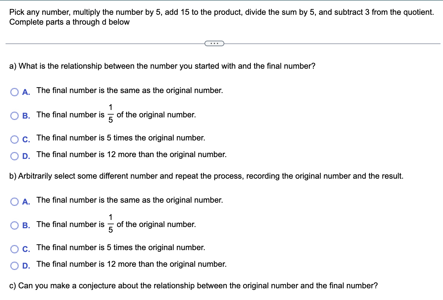 Solved Pick any number, multiply the number by 5 , add 15 to | Chegg.com