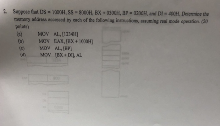 Solved 2. Suppose that DS = 1000H, SS = 8000H, BX = 0300H, | Chegg.com
