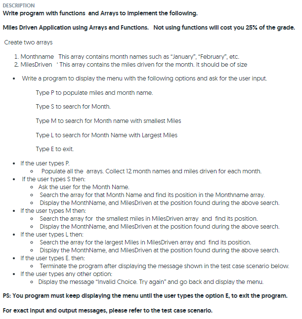 Solved DESCRIPTION Write program with functions and Arrays | Chegg.com