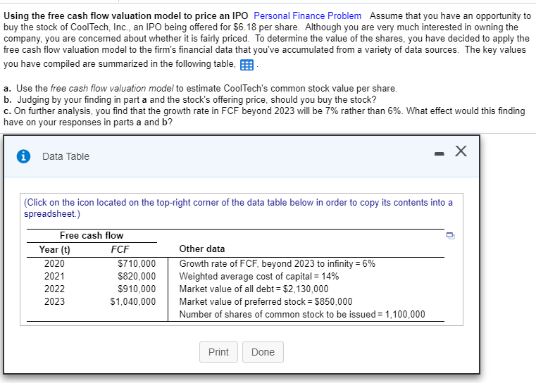 Solved Using the free cash flow valuation model to price an | Chegg.com