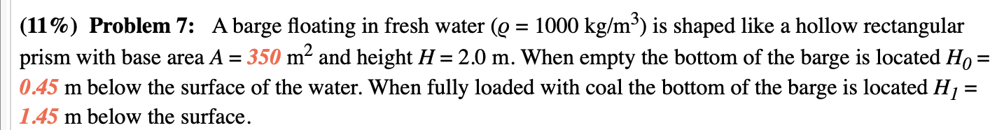 Solved (11\%) Problem 7: A barge floating in fresh water | Chegg.com