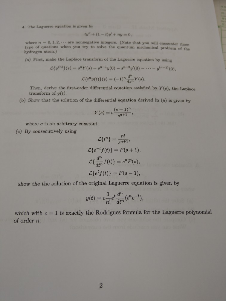 Solved 4. The Laguerre equation is given by where n 0, 1, 2, | Chegg.com