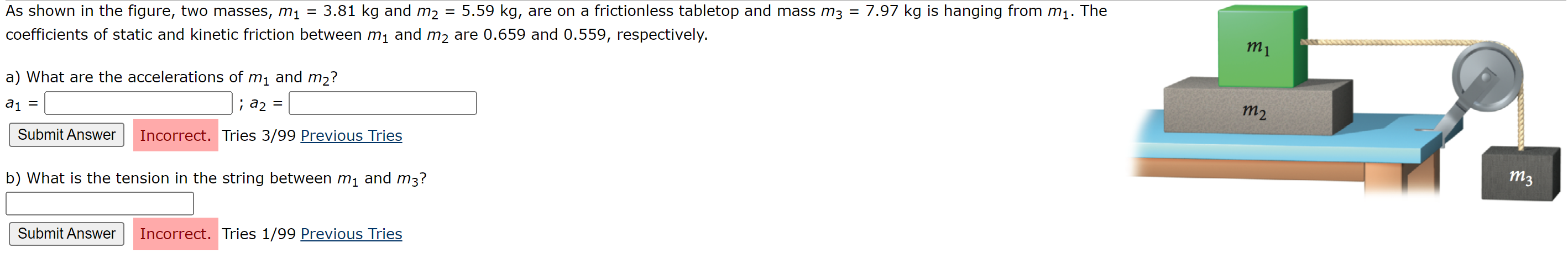 Solved As shown in the figure, two masses, m1=3.81 kg and | Chegg.com