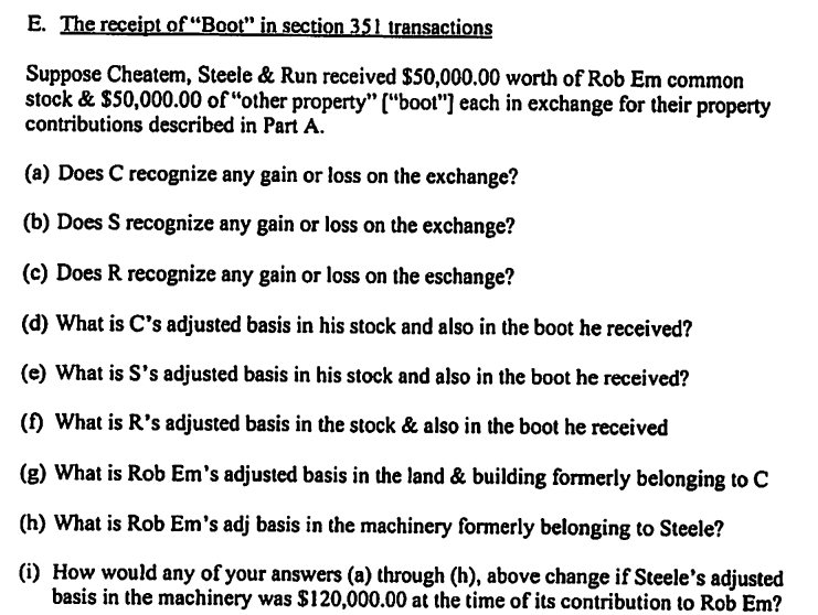 Solved E. ﻿The receipt of "Boot" in section 351 | Chegg.com