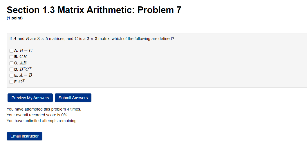 Solved Section 1.3 Matrix Arithmetic: Problem 7 (1 point) If | Chegg.com