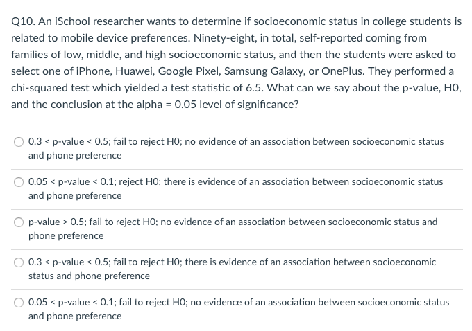 Solved Q10. An iSchool researcher wants to determine if | Chegg.com