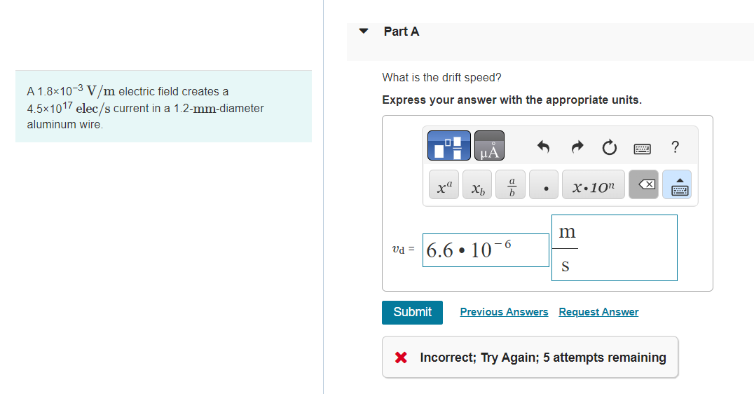 Solved What is the drift speed? A 1.8×10−3 V/m electric | Chegg.com