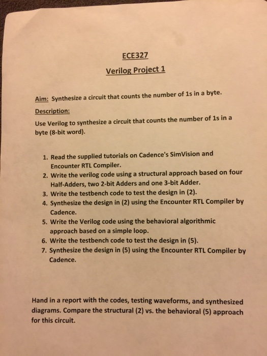 ECE327 Verilog Project 1 Aim: Synthesize a circuit | Chegg.com