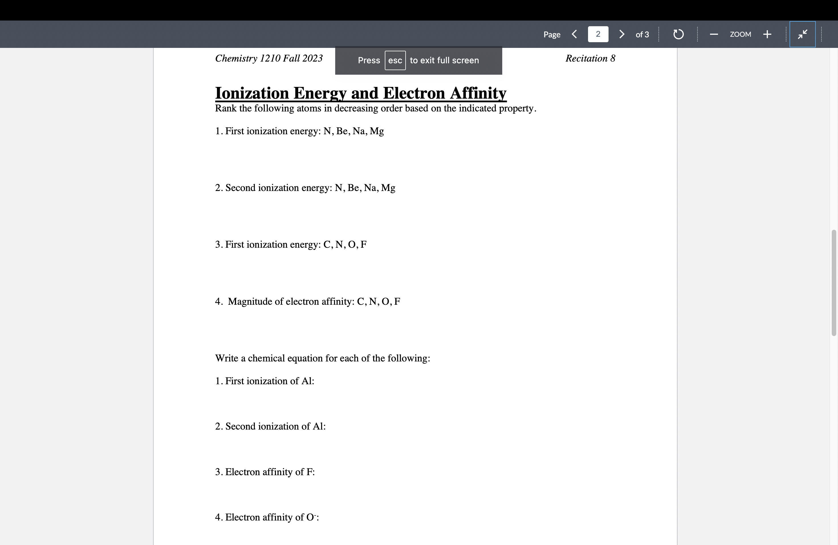 Solved Ionization Energy and Electron Affinity Rank the | Chegg.com
