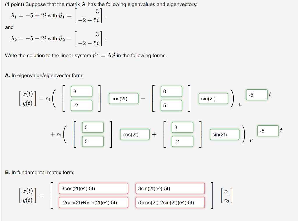Solved (1 point) Suppose that the matrix A has the following | Chegg.com