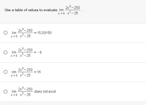 Solved e a table of values to evaluate limx→5x2−252x3−250. | Chegg.com