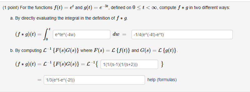 Solved (1 point) For the functions f(t) = et and g(t) = e | Chegg.com