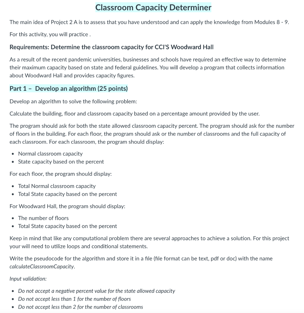 Solved Classroom Capacity Determiner The main idea of | Chegg.com