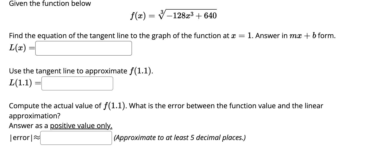 Solved Given the function below f(x)=3−128x3+640 Find the | Chegg.com