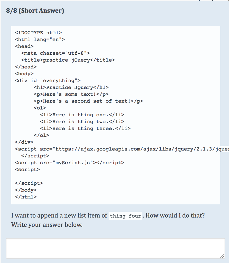 Solved 8/8 (Short Answer) practice jQuery | Chegg.com