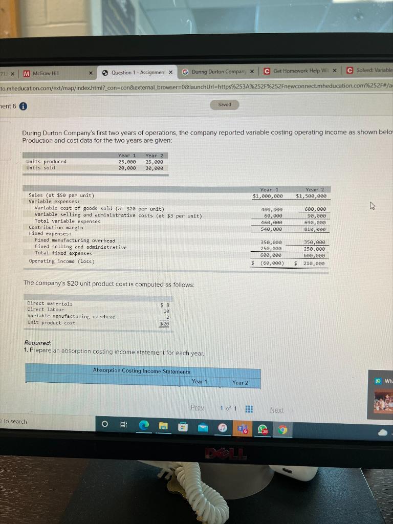 Solved 1. Prepare an absorption costing income statement for | Chegg.com