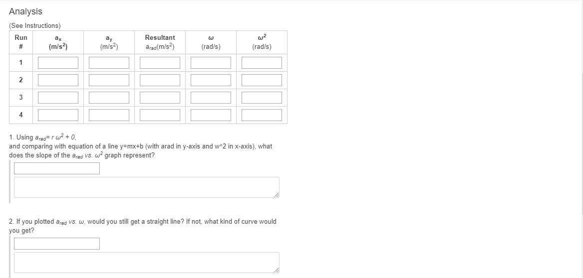 Solved Analysis (See Instructions) ах Run # ay (m/s) (m/s) | Chegg.com