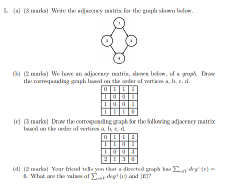 Solved 5. (a) (3 marks) Write the adjacency matrix for the | Chegg.com