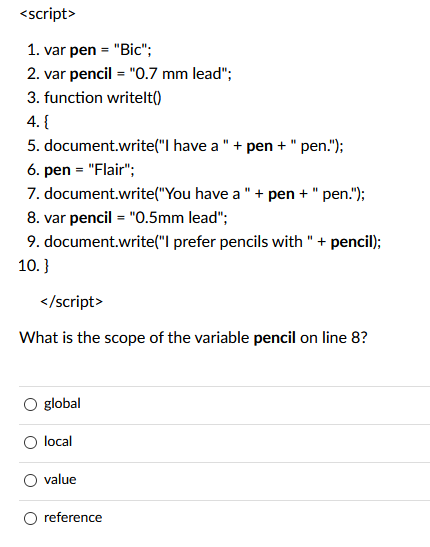 Solved What is the scope of the variable pencil on line 87 | Chegg.com