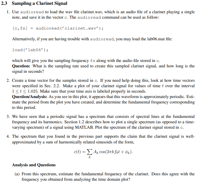 2.3 Sampling a Clarinet Signal 1. Use audioread to | Chegg.com